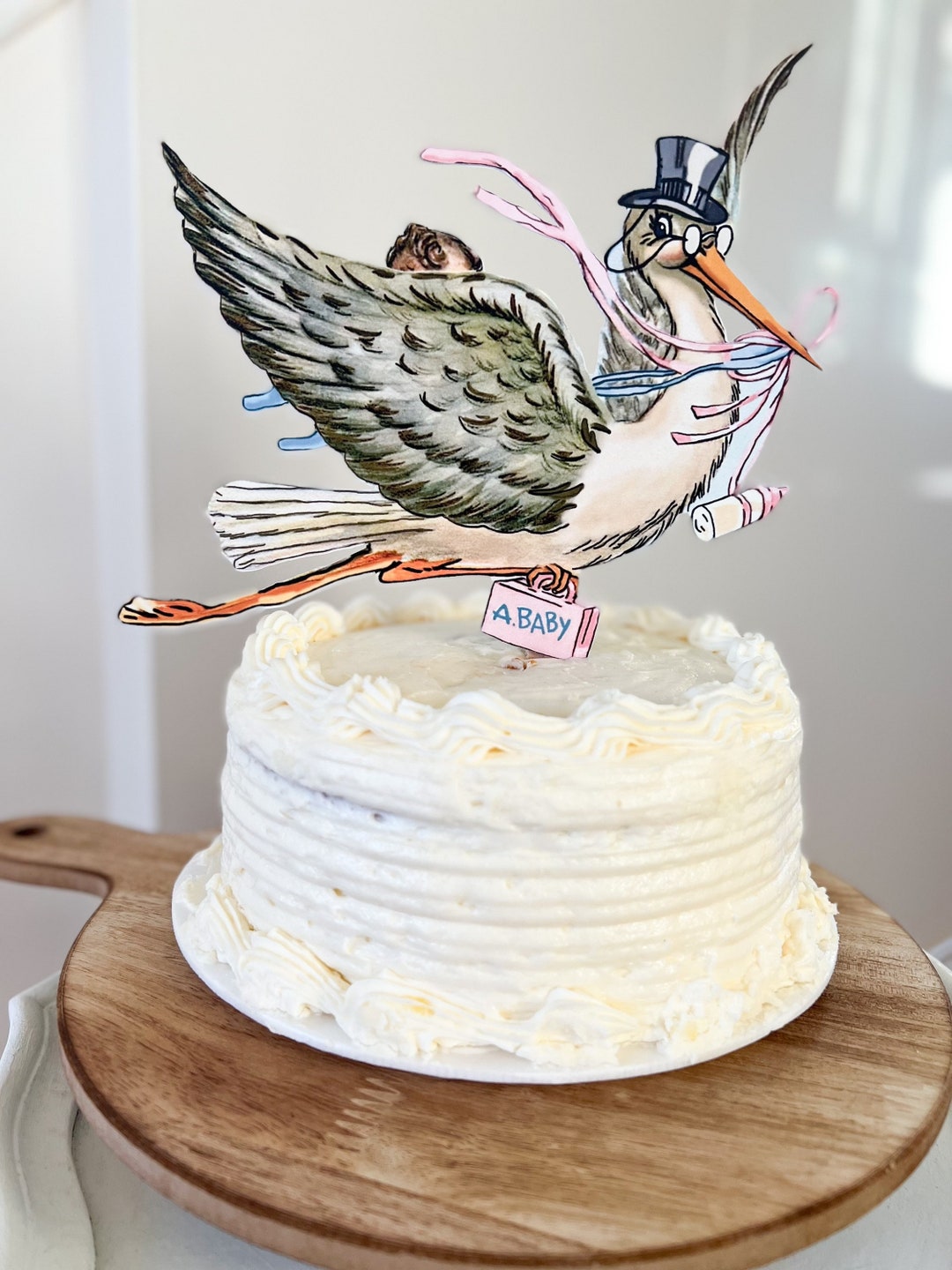Stork Cake Topper | Gender Neutral Vintage Cake Topper, Baby Shower ...