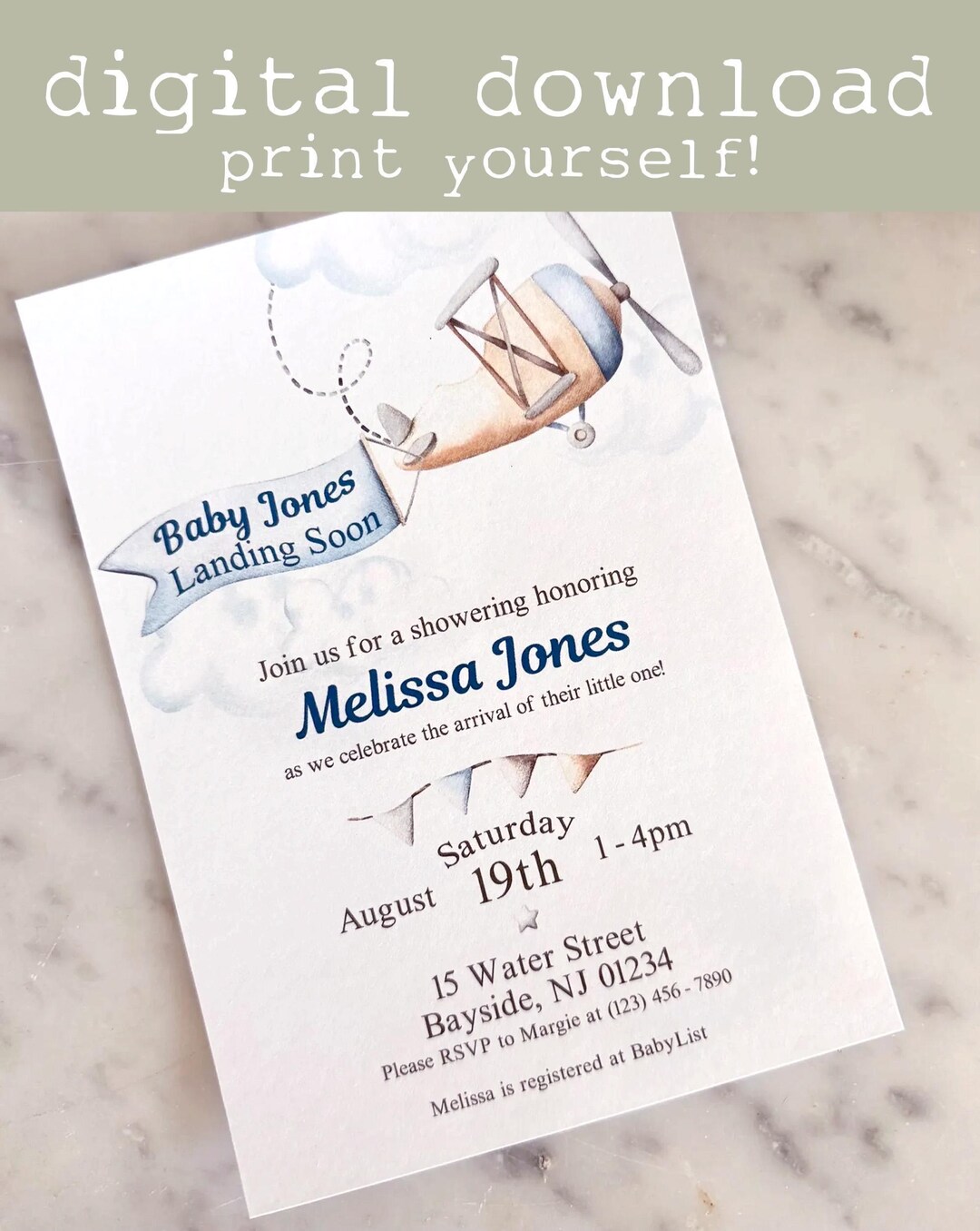 Baby Landing Soon Invitation DIGITAL DOWNLOAD | Blue Airplane Theme ...