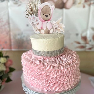 Pink Teddy Bear Cake Topper | Pastel Theme Baby Shower Decor, Diaper ...