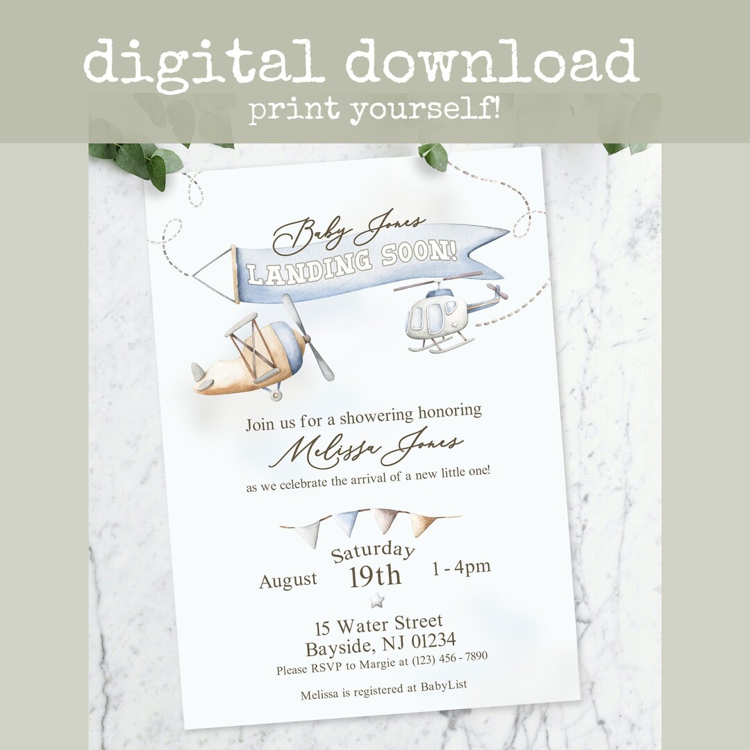 Baby Landing Soon Invitation DIGITAL DOWNLOAD Blue Airplane Theme Baby ...