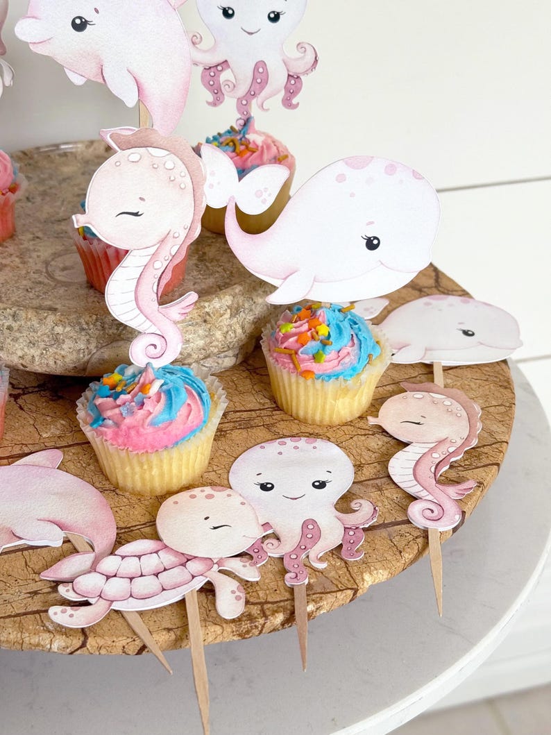 Pink Under the Sea Cupcake Toppers, Set of 12 | Paper Party Favor ...