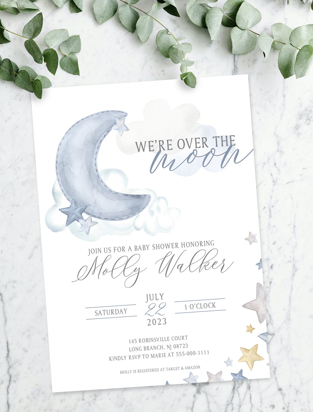 Over the Moon Baby Shower Invitation (set of 10) | Blue Moon & Stars ...