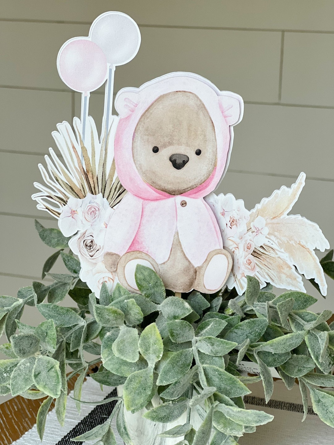Pink Teddy Bear Cake Topper With Pampas Grass and Balloons | Pink Baby ...
