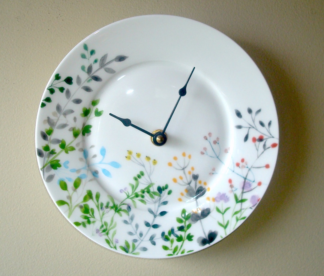 Silent Botanical Wall Clock, 9 Inch Porcelain Plate Clock, Floral ...