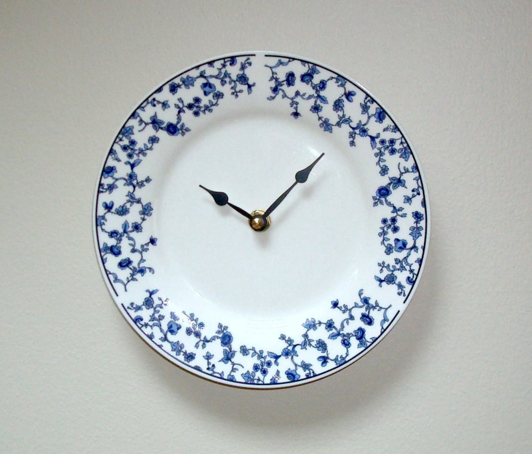 7.5 Inch Blue Toile Wall Clock, White and Blue Floral Plate Clock ...