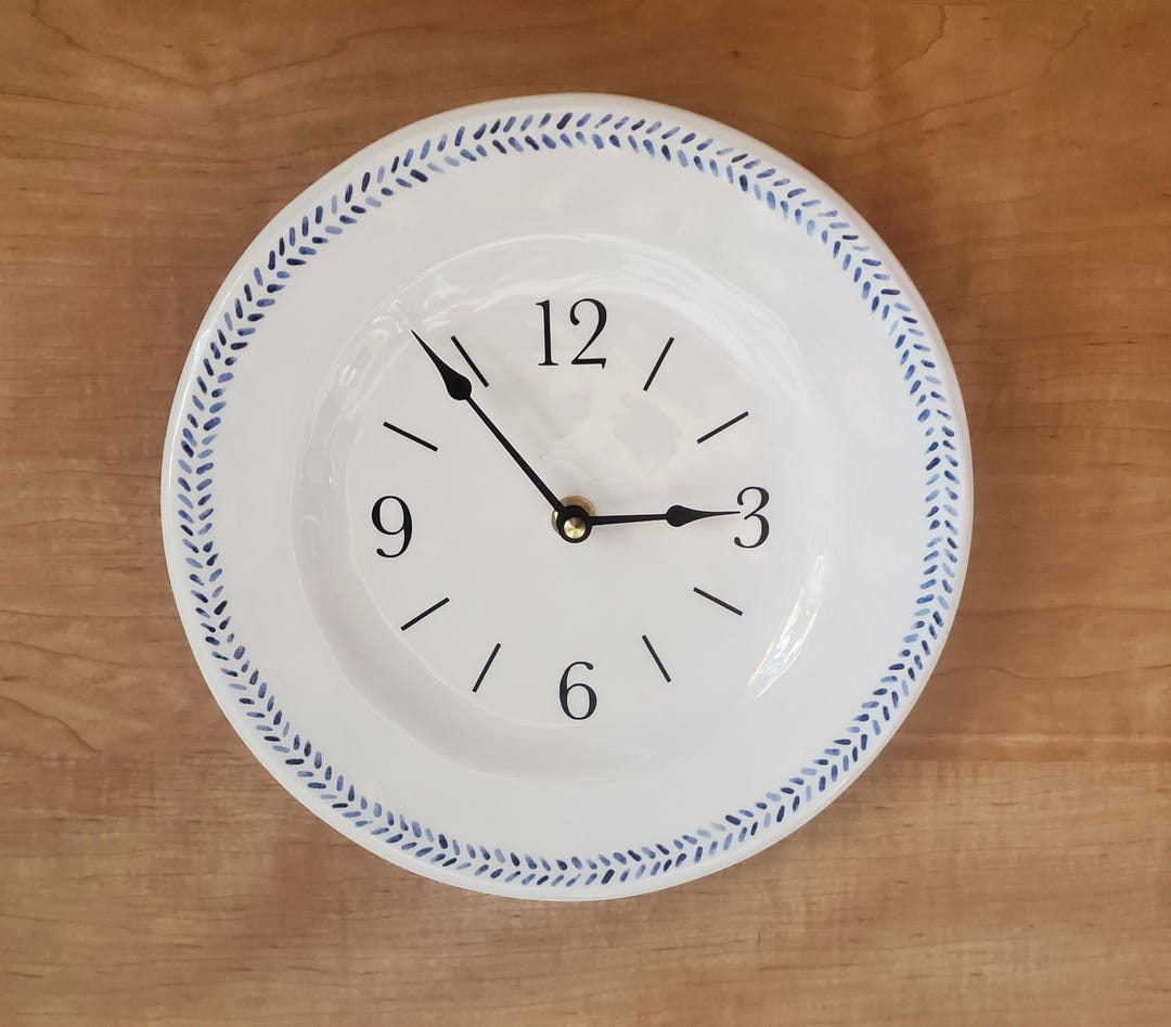 Blue and Off-white Wall Clock, 9 Inch Ceramic Plate Clock, Silent ...
