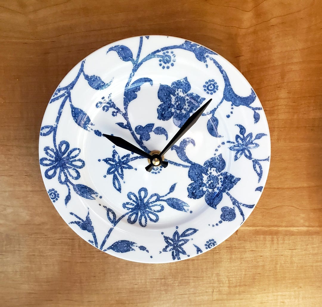 Floral Plate Wall Clock (7.5 Inches), Blue Indigo Porcelain, Silent ...