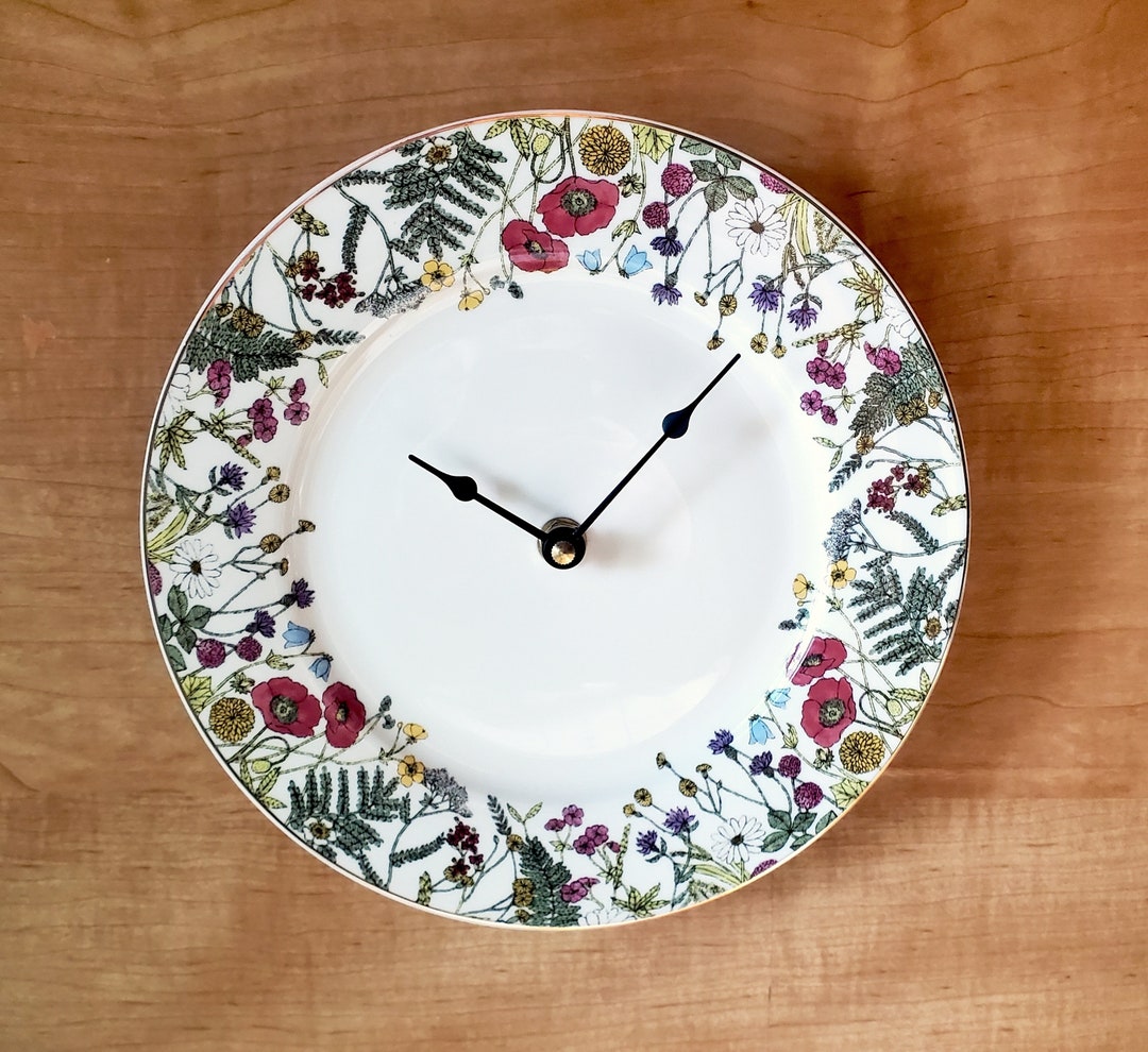 Silent Botanical Wall Clock, 9 Inch Porcelain Plate Clock, Floral ...