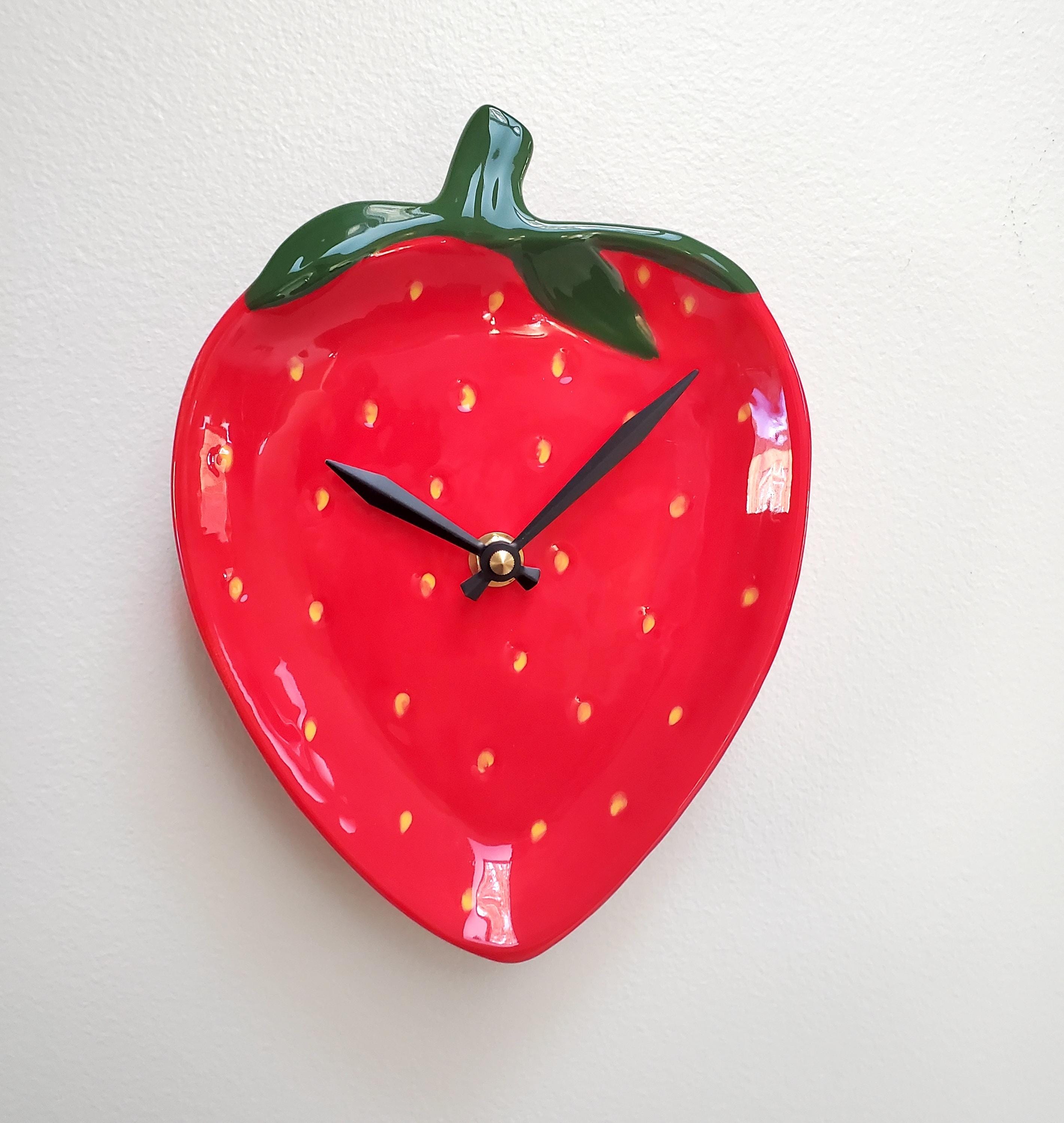 Red Strawberry Kitchen Clock: Ceramic Fruit Decor, Silent Quartz (8 ...