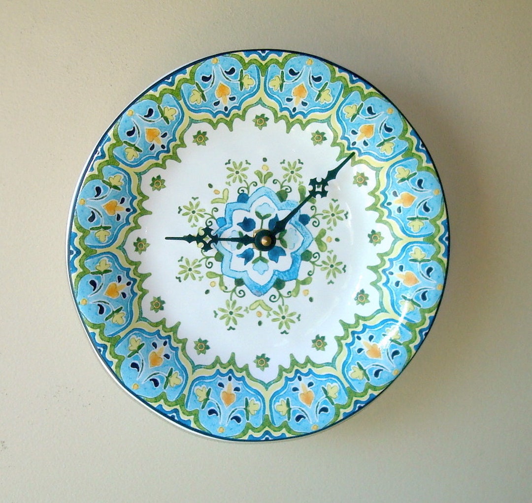 Turquoise and Lime Floral Patterned Wall Clock, 9 Inch Ceramic Plate ...