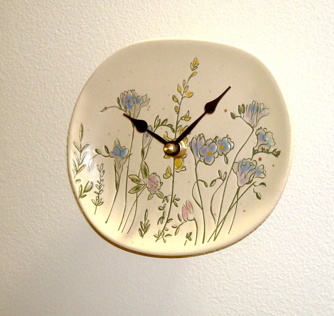 SMALL 6 Inch Wildflower Wall Clock, Ceramic Plate Clock, Mini Floral ...