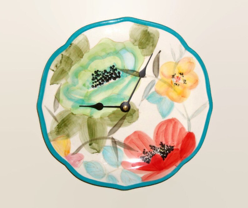 Turquoise Floral Wall Clock Available With Numbers Ceramic - Etsy