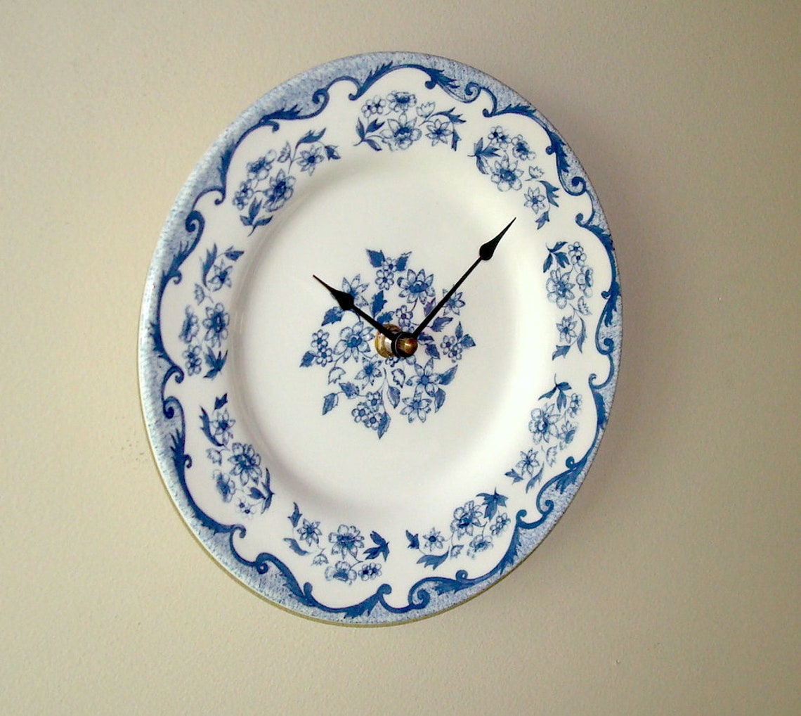 8.5 Inch French Toile Wall Clock Blue Floral Plate Clock - Etsy