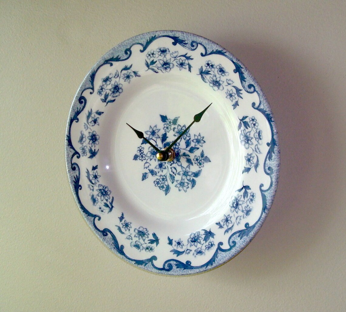 8.5 Inch French Toile Wall Clock Blue Floral Plate Clock - Etsy