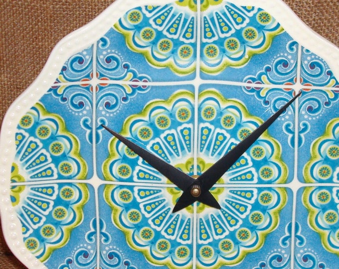 SILENT Turquoise and Lime Whimsical Print Wall Clock Ceramic - Etsy