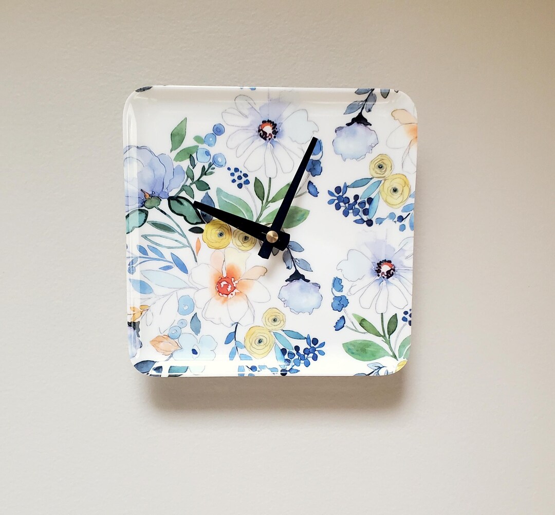 Small - 6 Inch Floral Wall Clock, MELAMINE Plate Clock, Mini Blue ...
