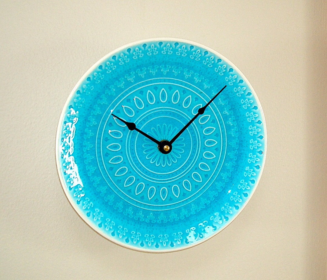 Turquoise Crackle Glazed Ceramic Plate Clock, 8.5 Inch Kitchen Wall ...