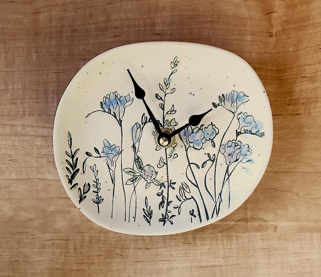 SMALL - 6 Inch Wildflower Wall Clock, Ceramic Plate Clock, Mini Floral ...