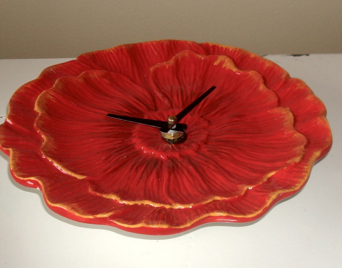 8 Inch Red Poppy Flower Wall Clock SILENT Ceramic Plate Clock - Etsy