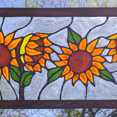 4 Sunflowers Stained Glass Window in Copper Frame - Etsy