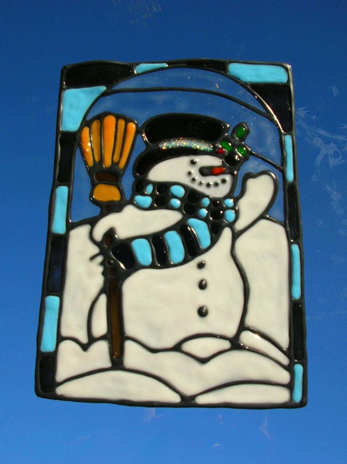 Snowman in Checkers With Broom Stained Glass Window Cling 8 X 6 - Etsy