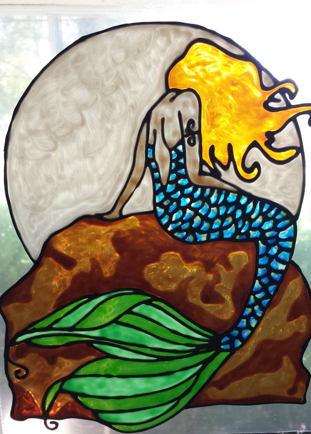 Mermaid With Moon on Rock Stained Glass Window Cling - Etsy
