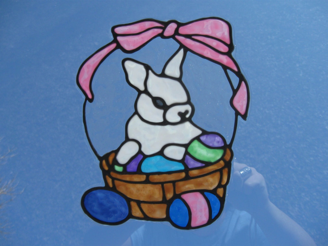 Bunny in Basket With Easter Eggs Stained Glass Window Cling - Etsy