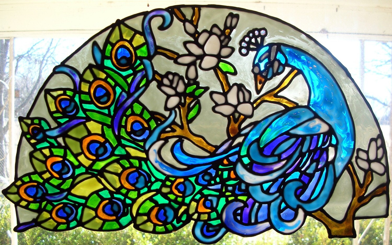Peacock stained glass window Cling 13.25 x 8 | Etsy