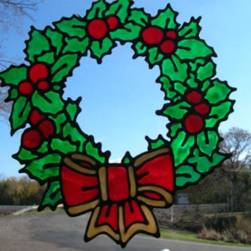 Wreath Holly Christmas Stained Glass Window Cling Etsy