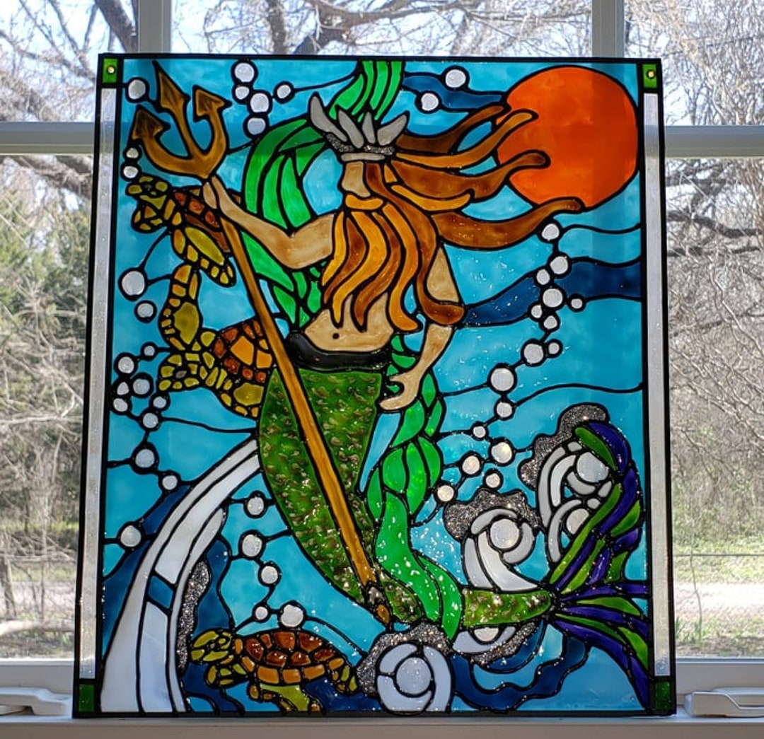 King Neptune and Turtles Nautical Ocean Stained Glass Window - Etsy