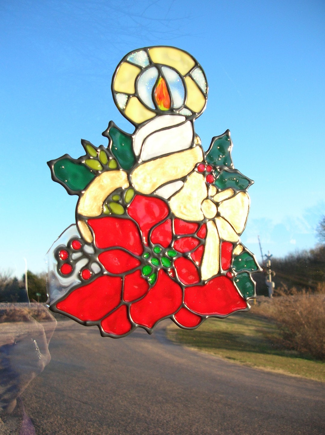 Christmas Poinsettia and Candle Stained Glass Window Cling 8 X 6 - Etsy