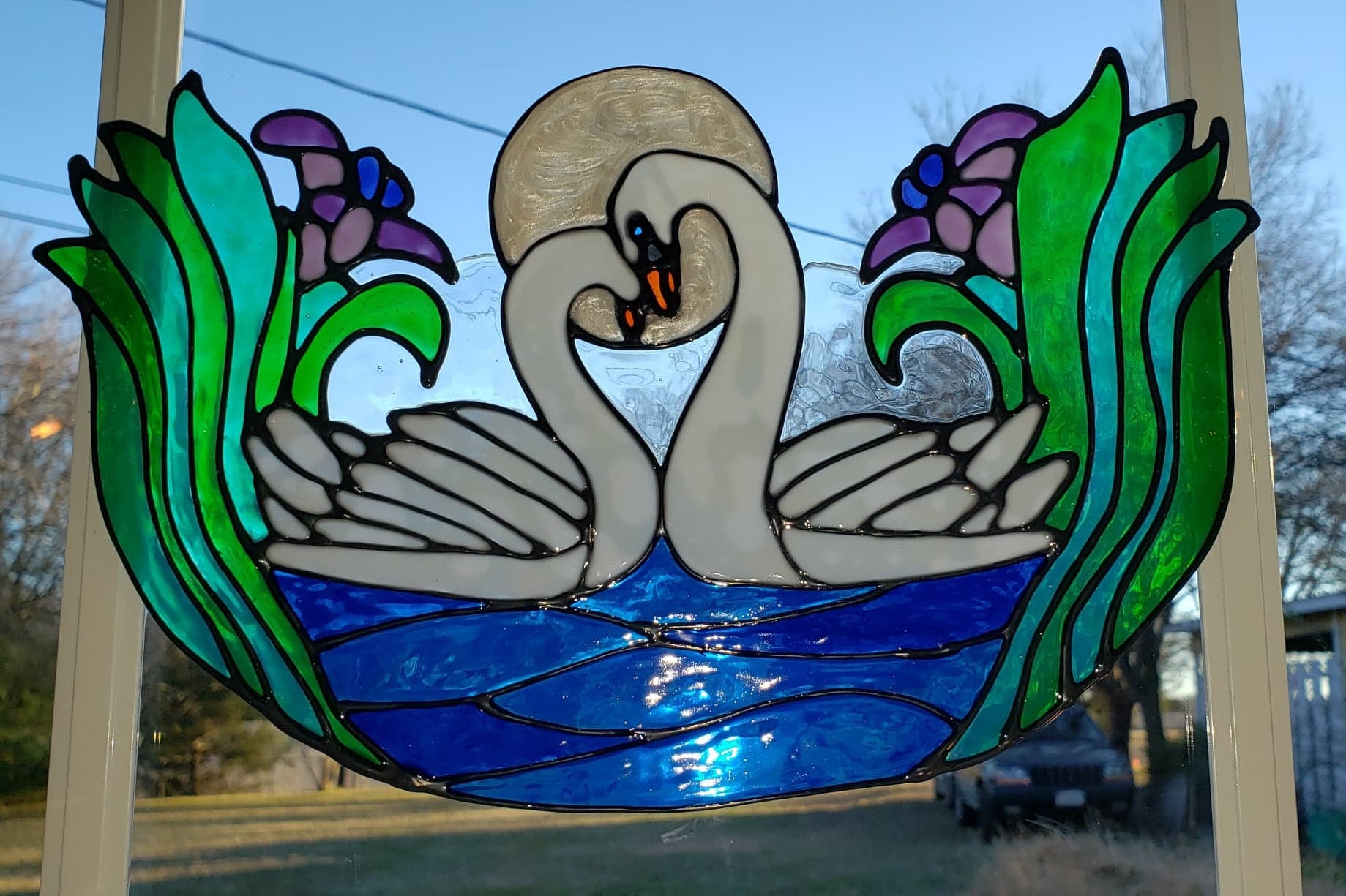 Swans in Love stained glass window CLING | Etsy