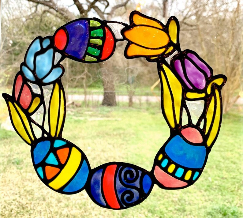 Easter Wreath Stained Glass Look Window Cling Etsy