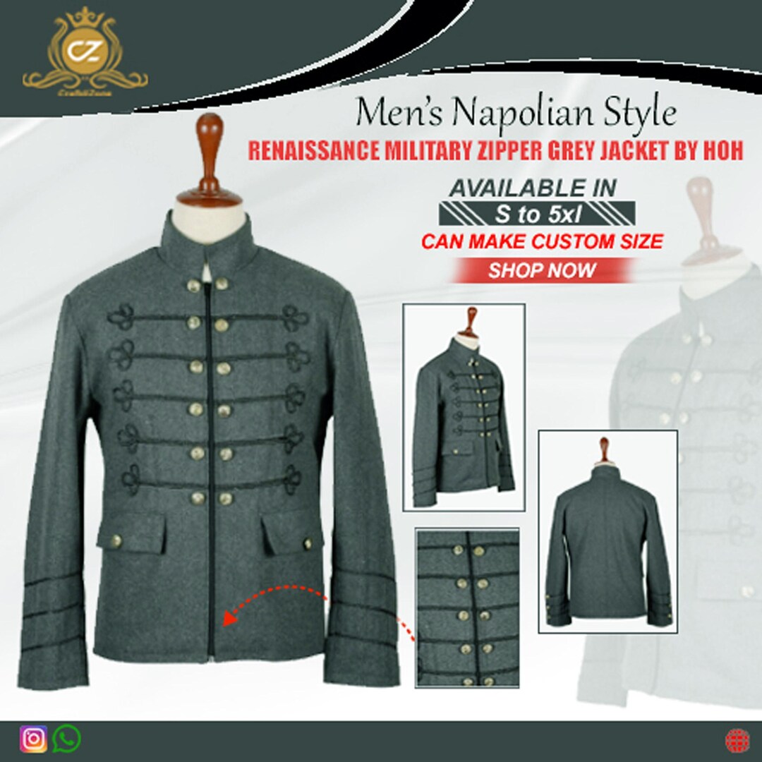 Men's Napoleon Style Renaissance Military Zipper Grey Jacket Made of ...