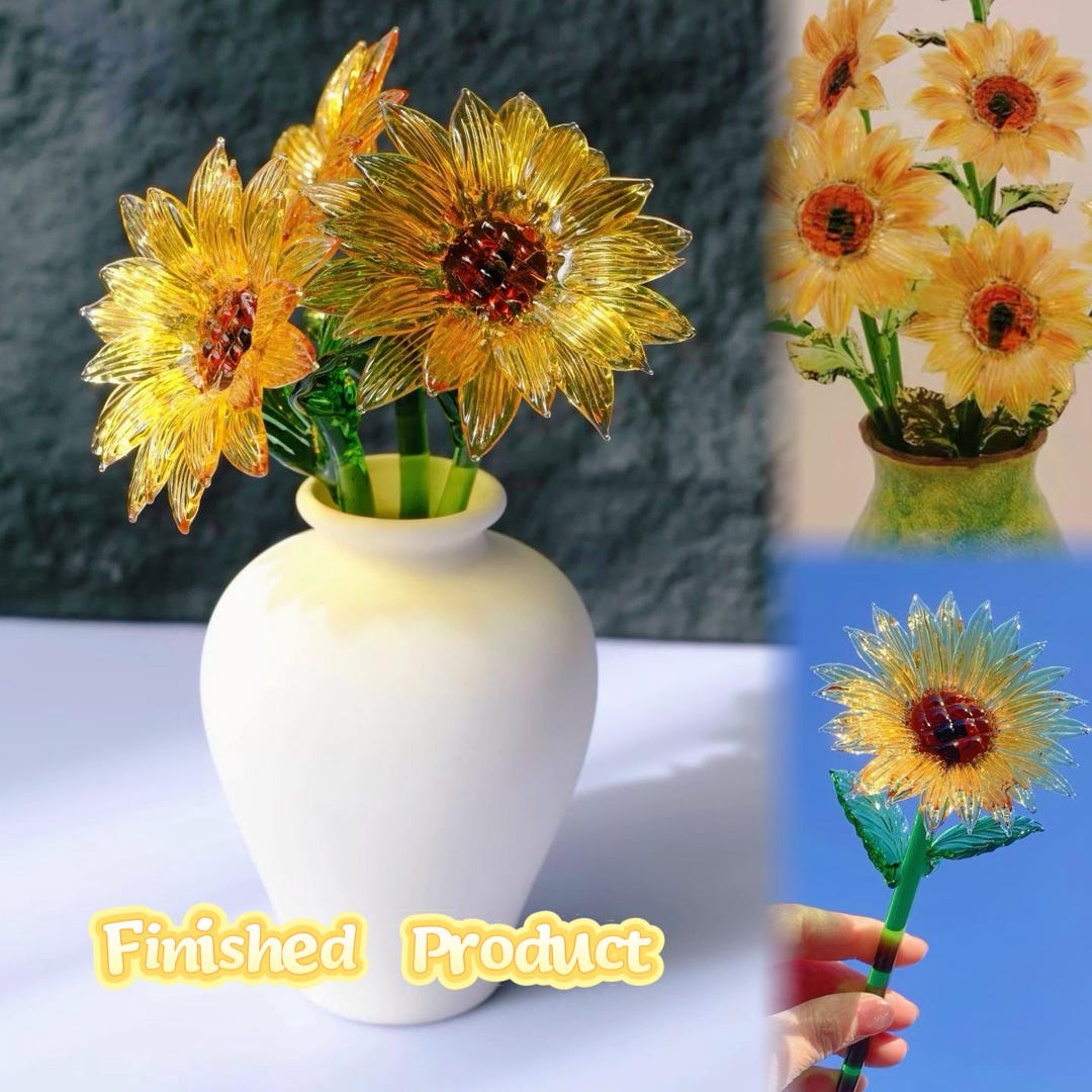 Glass Sunflower Bouquet, Elegant Flower Figurine, Glass Artwork Table ...