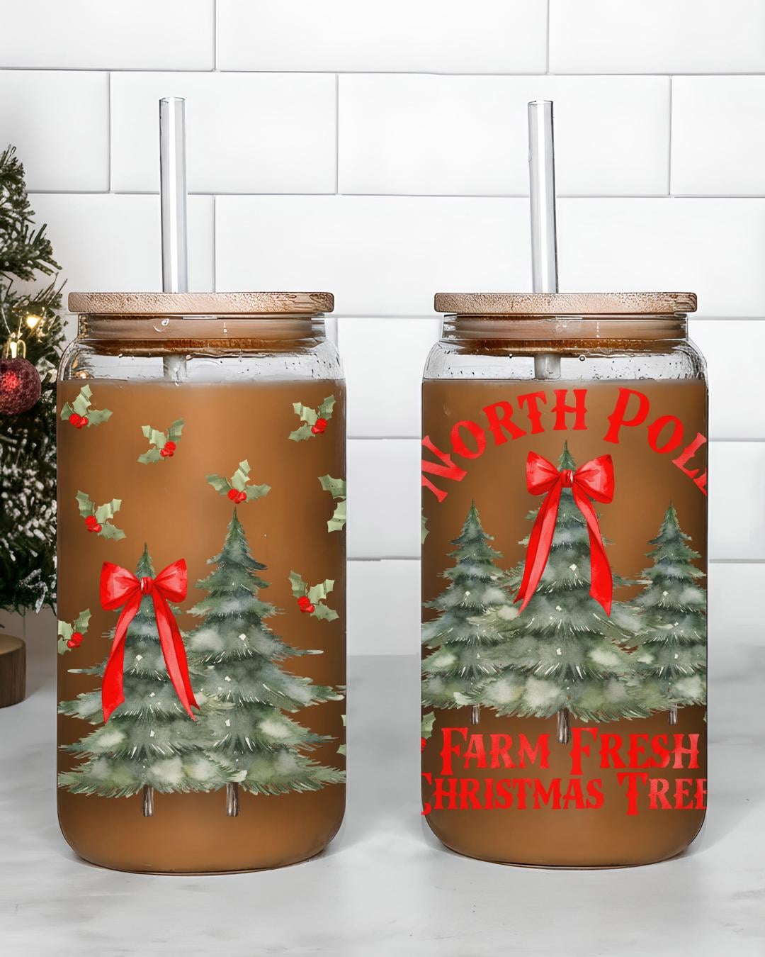 North Pole Tree Farm Christmas Glass Can | Rustic Holiday Iced Coffee ...