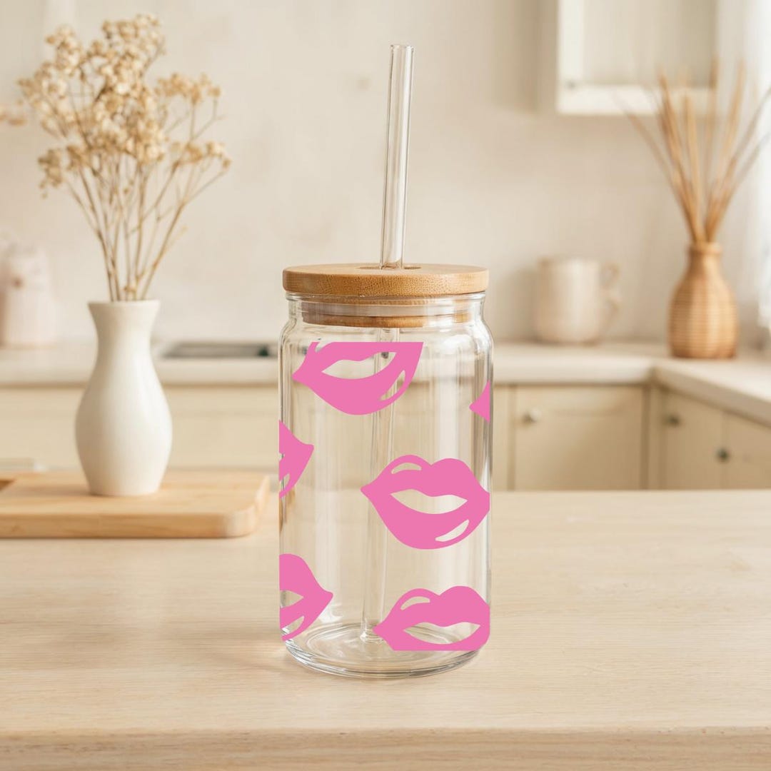 Pink Lips Glass Cup 16oz With Bamboo Lid, Cute Iced Coffee Glass, Girly ...