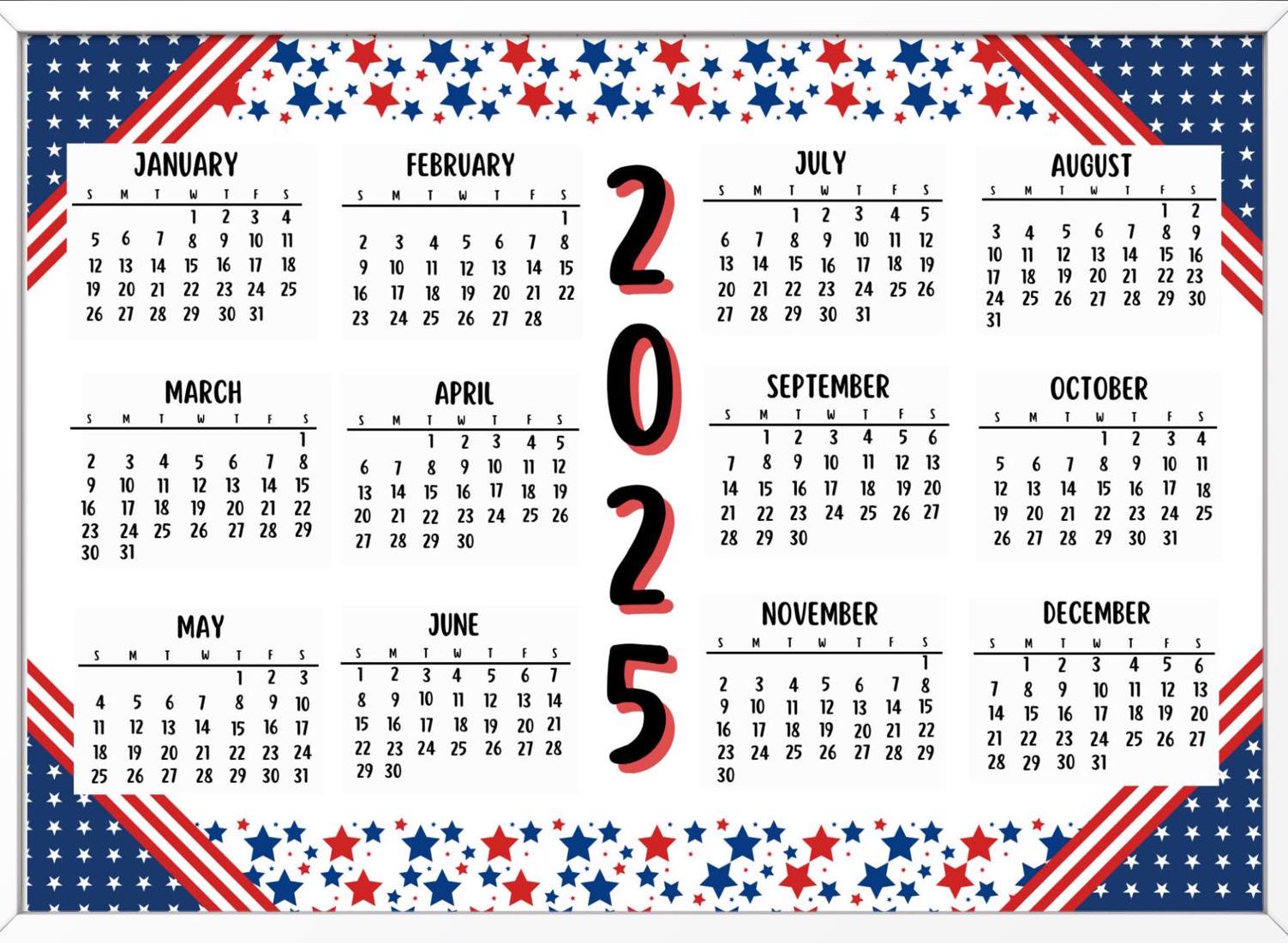 2025 Year at a Glance Printable Calendar, Horizontal, USA Patriotic Red ...