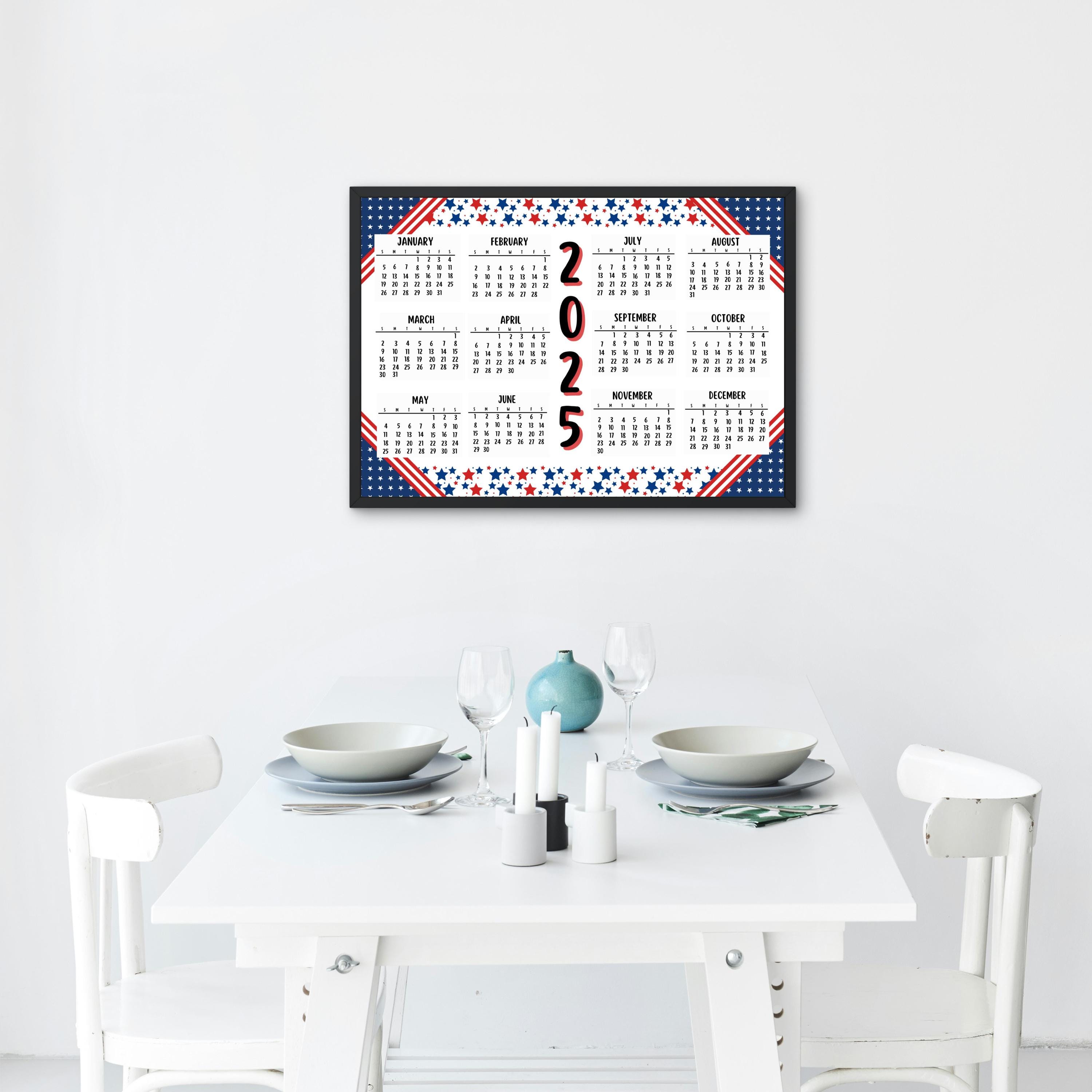 2025 Year at a Glance Printable Calendar, Horizontal, USA Patriotic Red ...