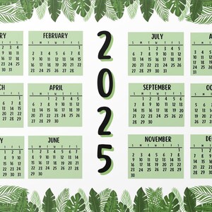 2025 Year at a Glance Printable Calendar, Horizontal, Green Plants ...