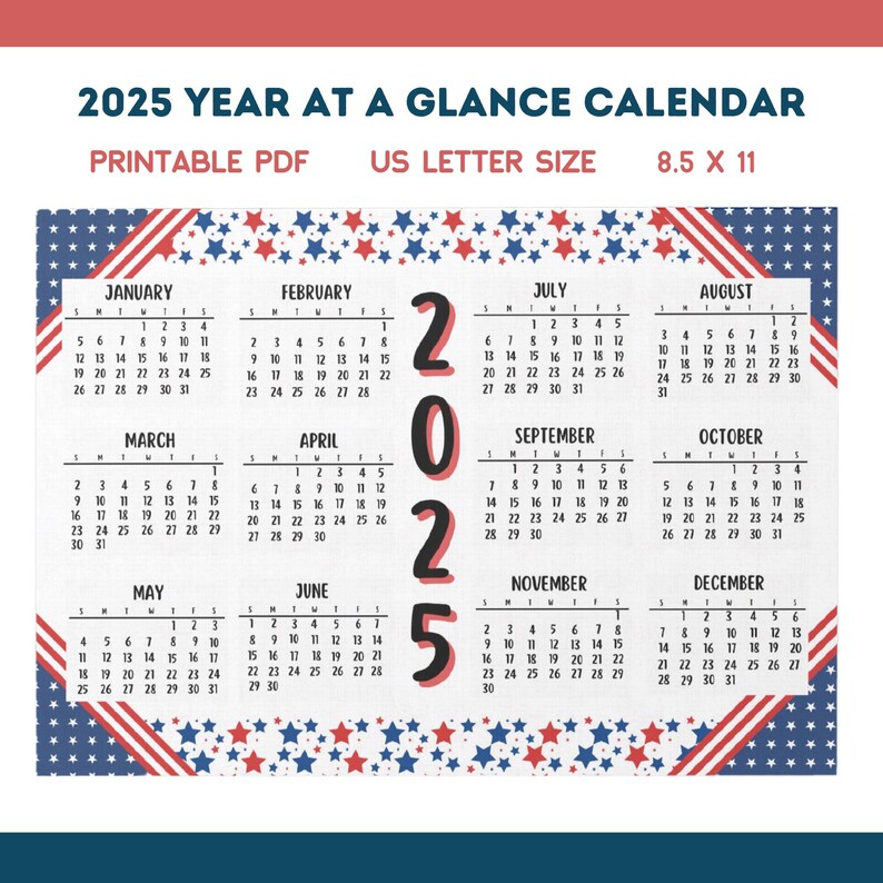 2025 Year at a Glance Printable Calendar, Horizontal, USA Patriotic Red ...