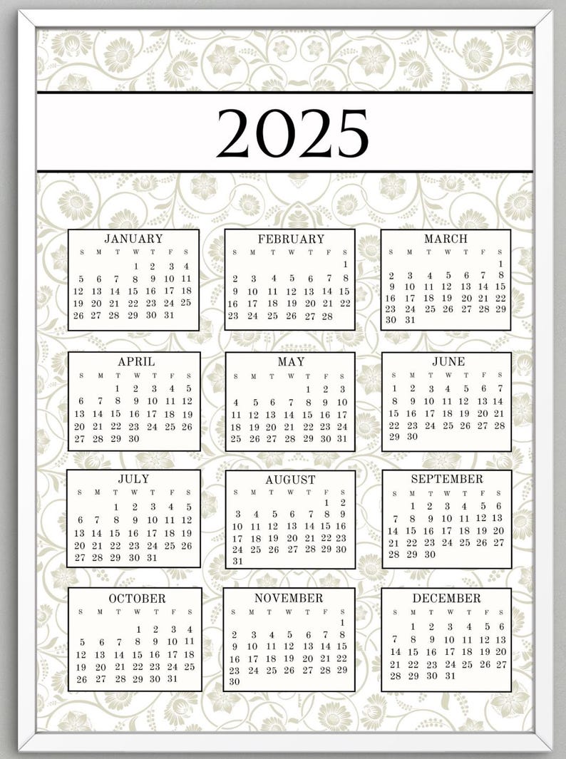 2025 Year at a Glance Printable Calendar, Minimalist Style, Neutral ...
