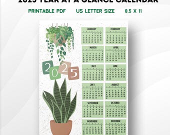 2025 Year at a Glance Printable Calendar, Horizontal, Green Plants ...