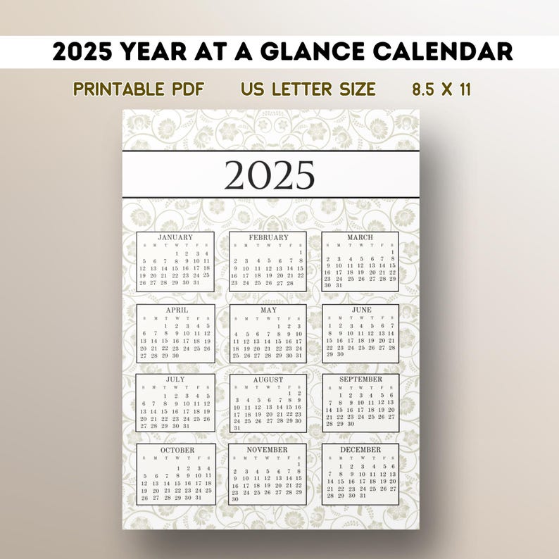 2025 Year at a Glance Printable Calendar, Minimalist Style, Neutral ...