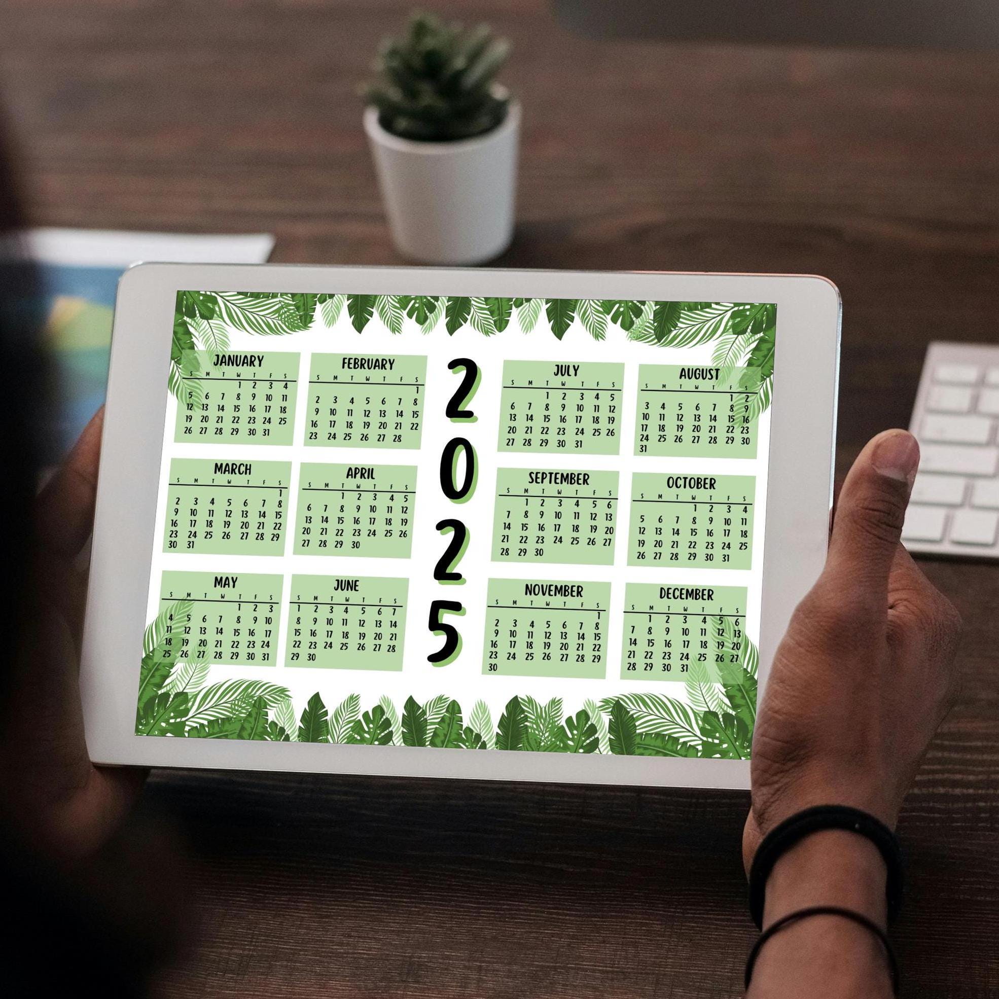 2025 Year at a Glance Printable Calendar, Horizontal, Green Plants ...