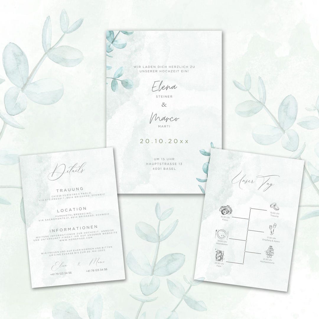 Eucalyptus Combo Wedding Invitation Template, Boho Green Wedding ...