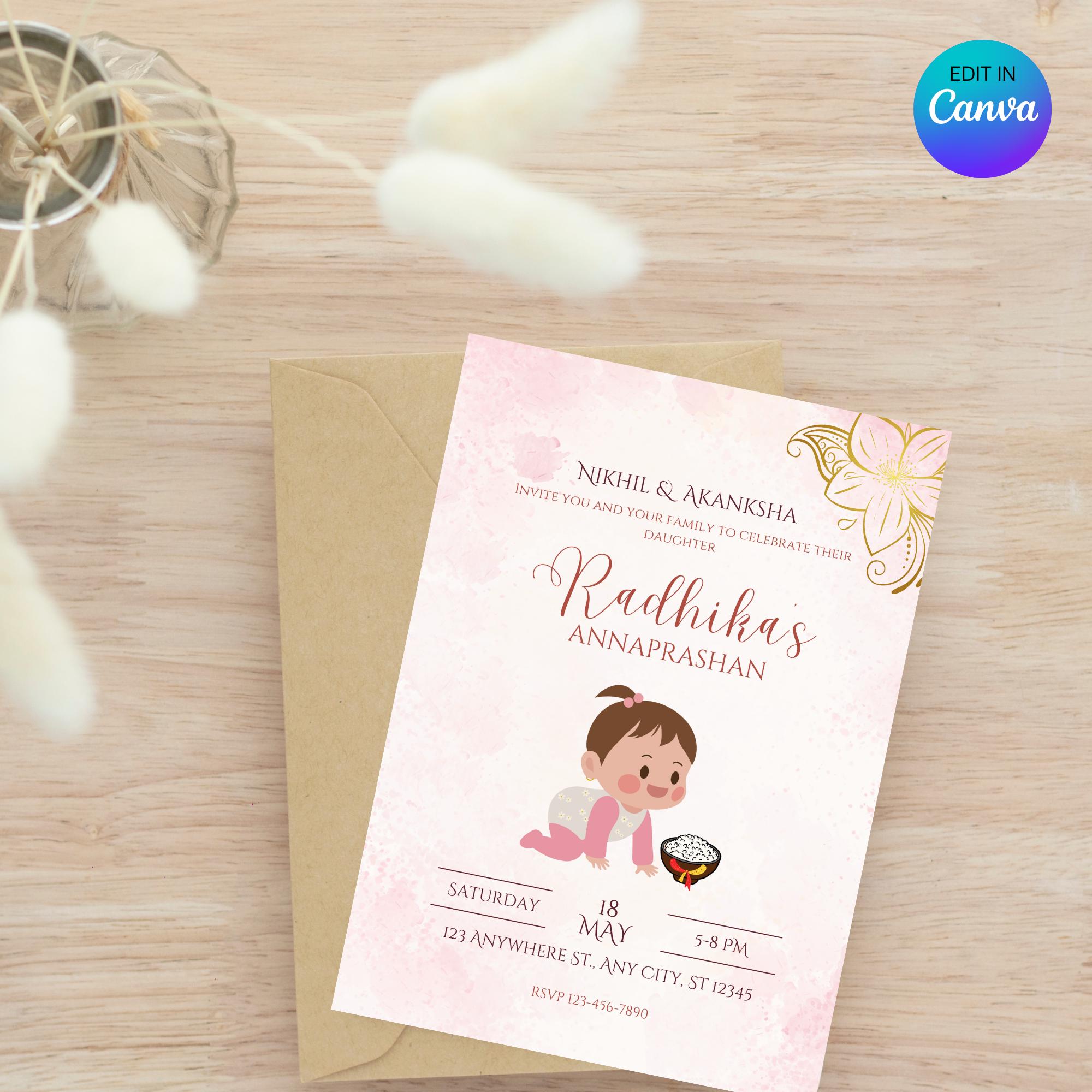 Editable Annaprashan Invitation Template, Baby Pink Theme,baby Rice ...