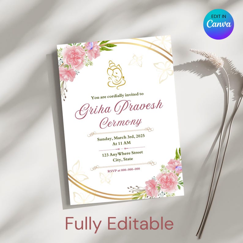 EDITABLE Griha Pravesh Invitation Template, Modern Housewarming Invite ...