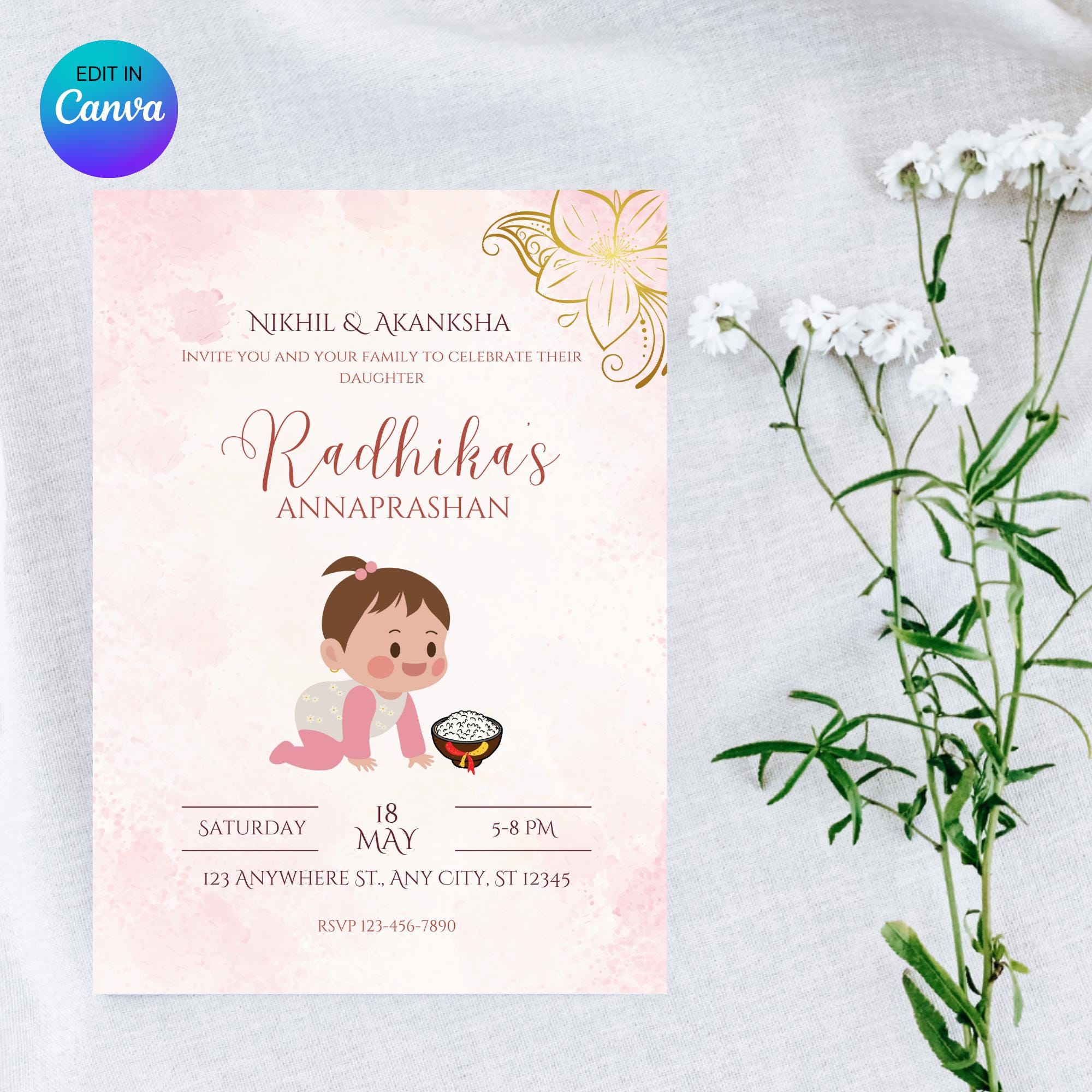 Editable Annaprashan Invitation Template, Baby Pink Theme,baby Rice ...