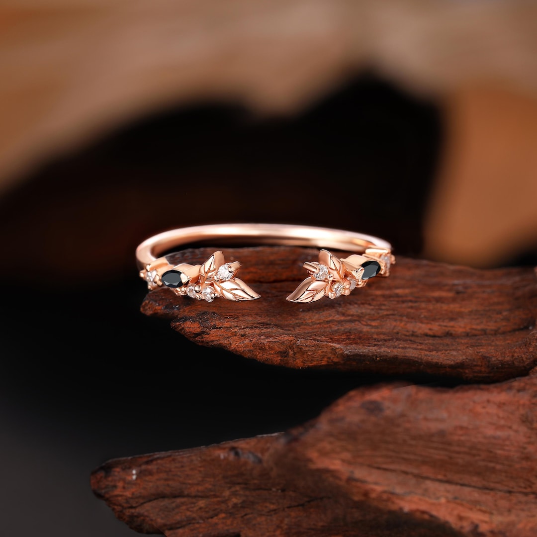 Open Wedding Band Rose Gold Leaf Ring Marquise Cut Black Onyx Ring ...